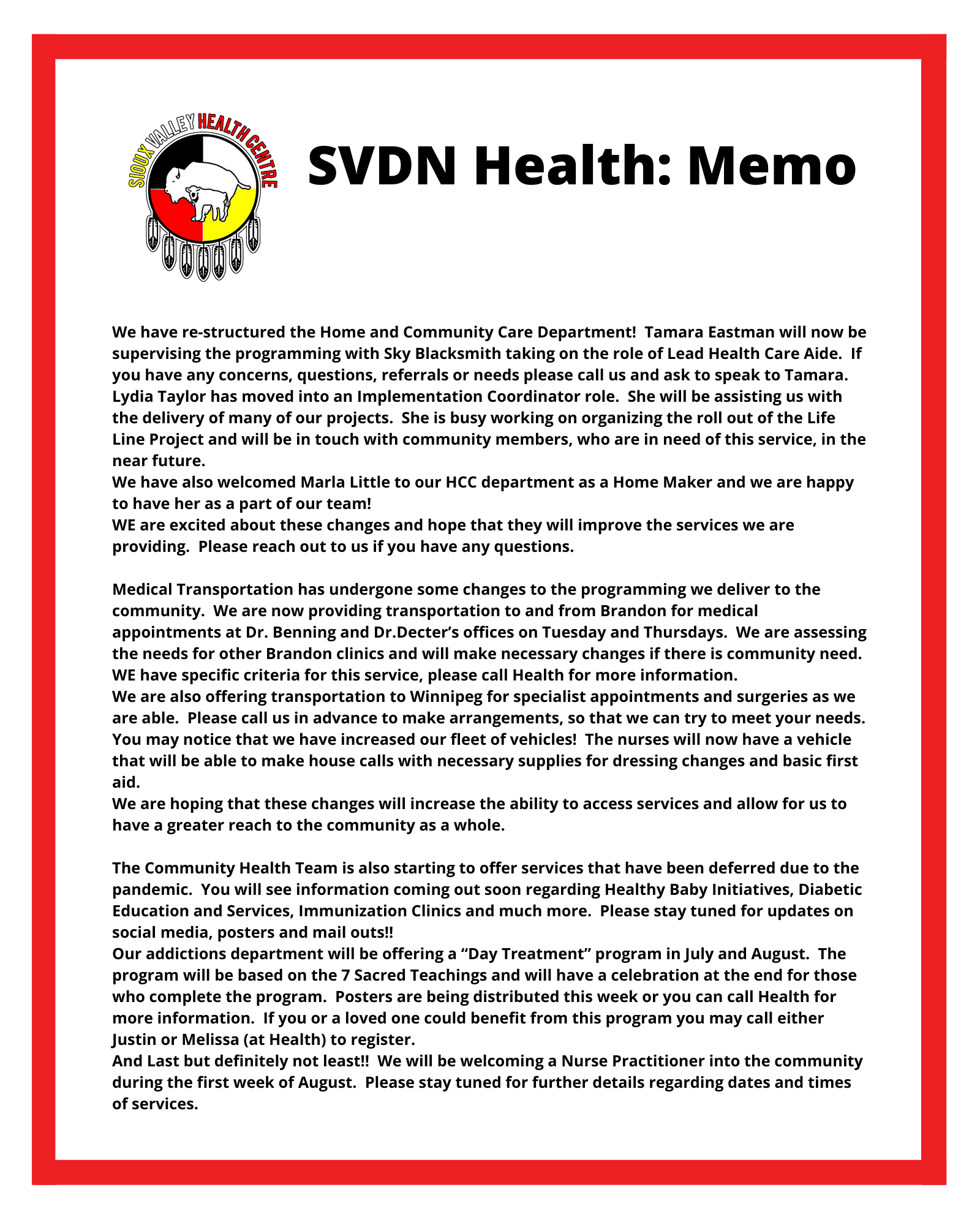 SVDN Health Memo – Sioux Valley Dakota Nation
